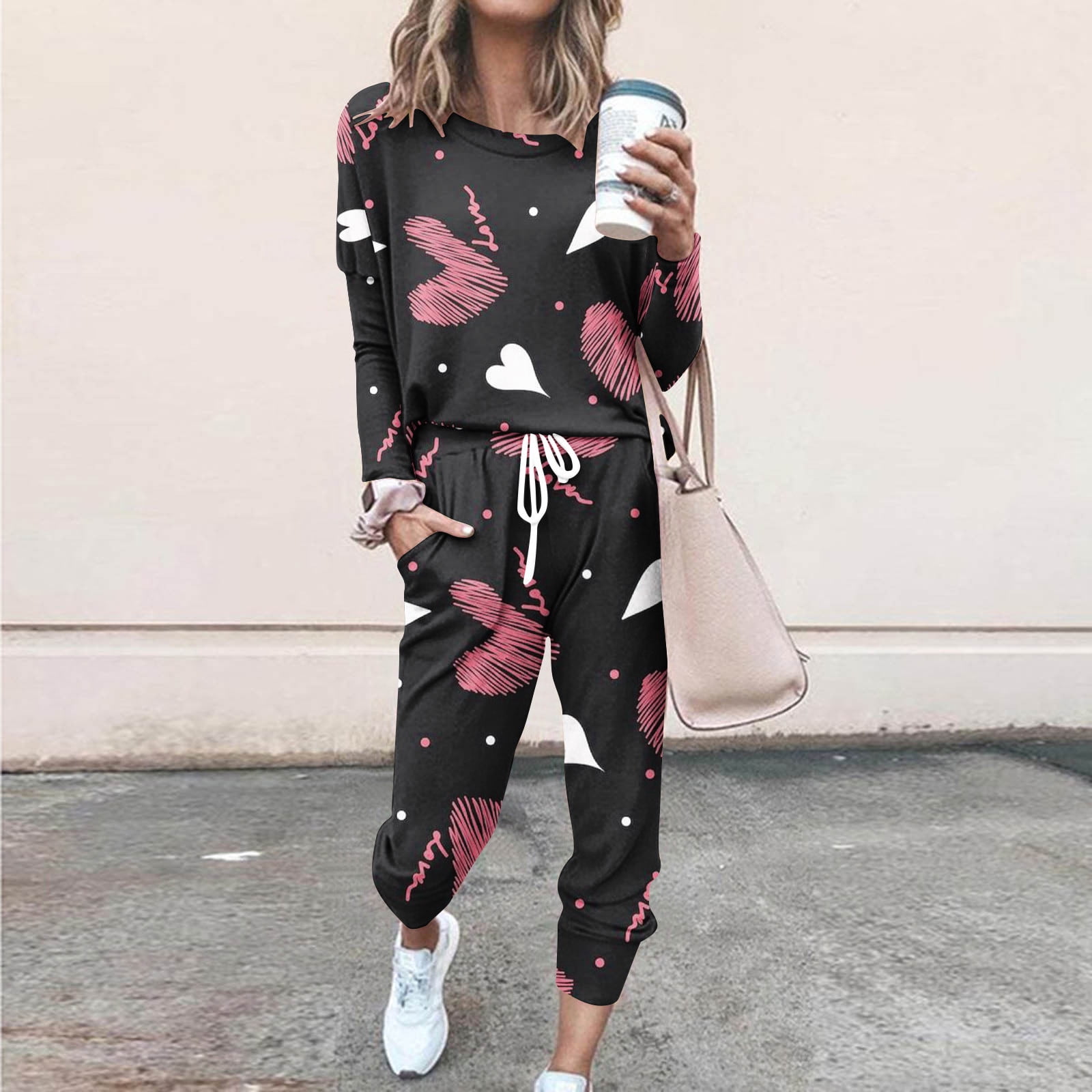 Tracksuit Women 2 Piece Outfits Casual Love Heart Print Long Sleeve ...