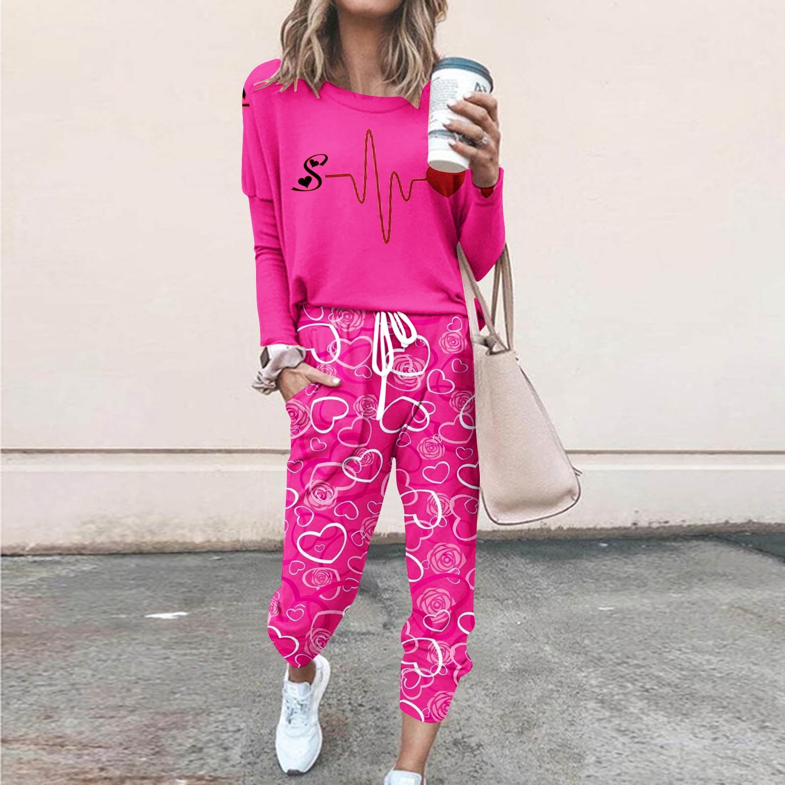 Tracksuit Women 2 Piece Outfits Casual Love Heart Print Long Sleeve ...