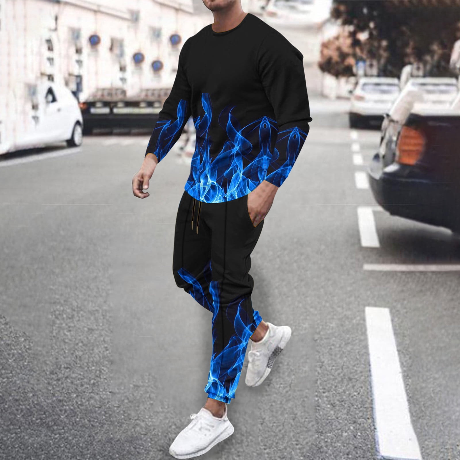 Tracksuits for Men 3D Flame Printed,Men's Tracksuit Long Sleeve Round ...