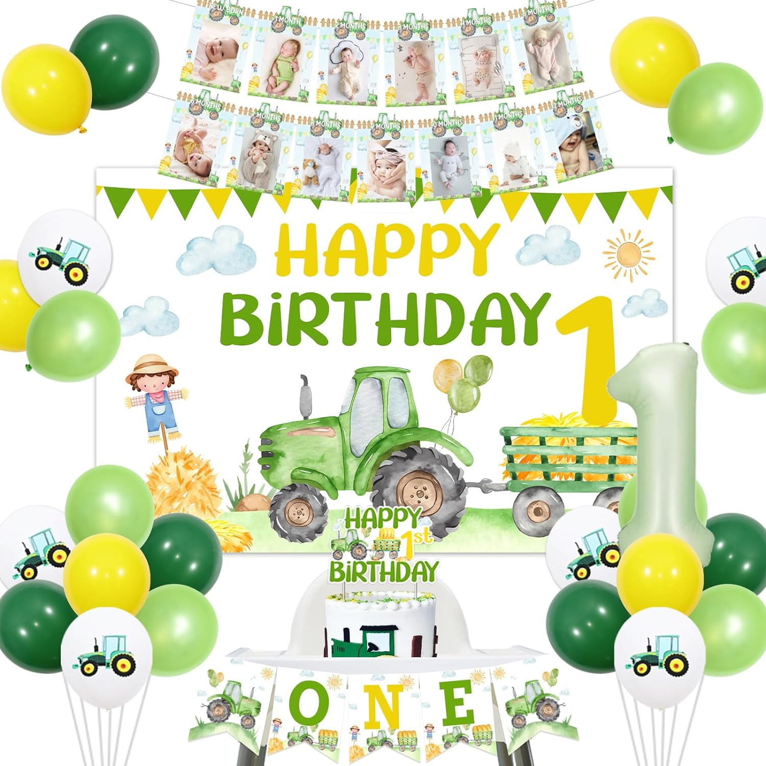 Tractor 1st Birthday Decorations for Boy Green Tractor Birthday Banner ...