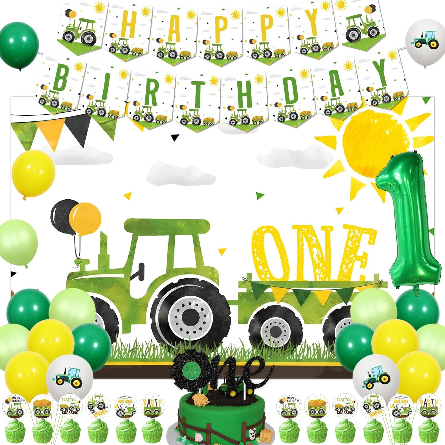 Tractor 1st Birthday Decorations Green Tractor One Birthday Banner ...