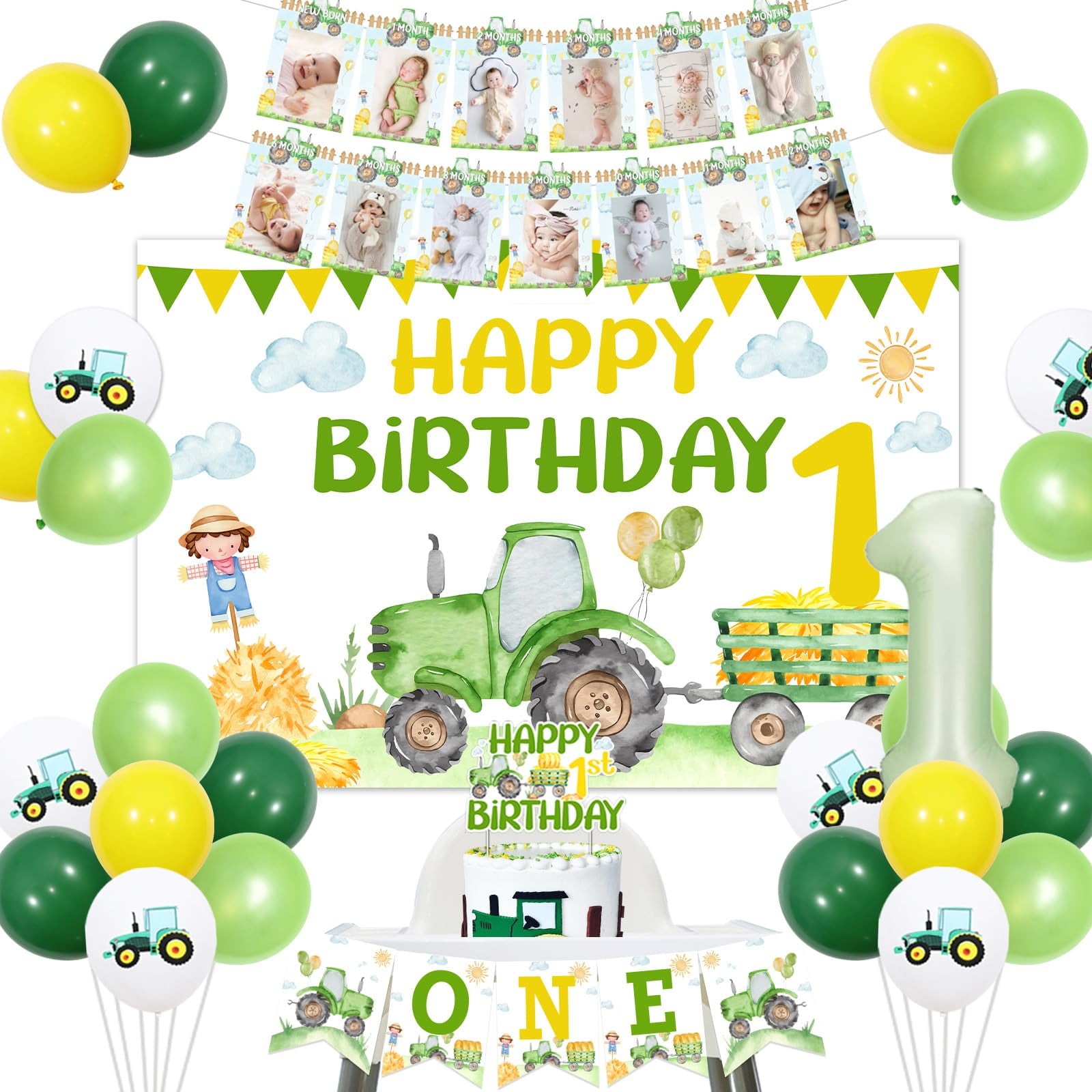 Tractor 1st Birthday PresNok Decorations for Boy Green Tractor Banner ...