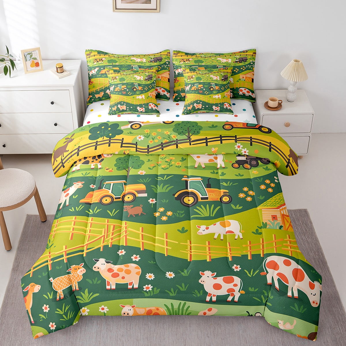 Tractor Bed in a Bag Queen Size Cartoon Car Bedding Sets 7 Piece Rustic ...