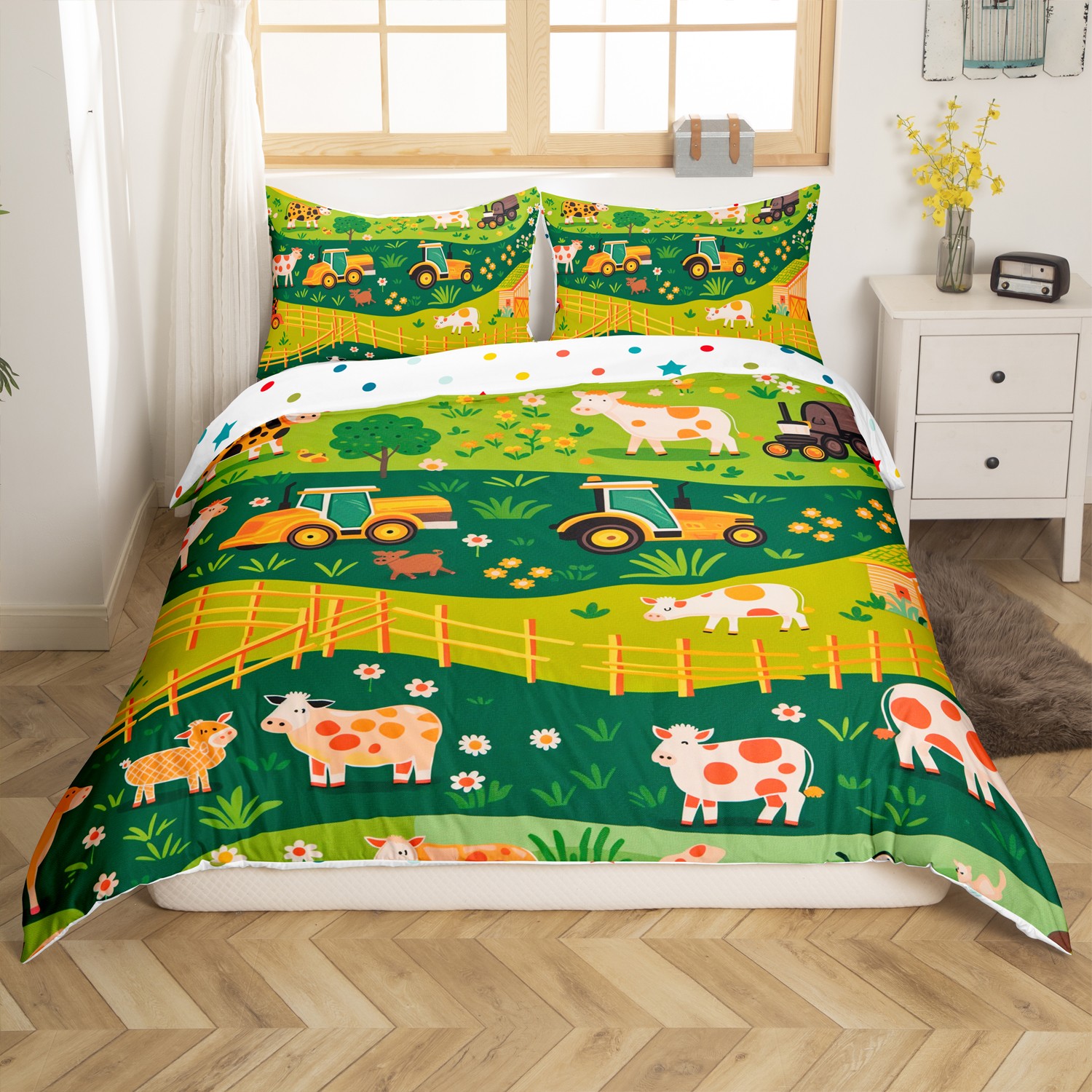 Tractor Bedding Sets Twin Size Cartoon Car Duvet Cover Rustic Farmhouse ...