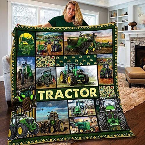 Tractor Blanket, Green Farming Blanket Gift Tractor On The Farm Quilt ...