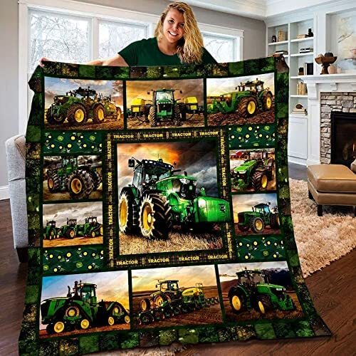 Tractor Blanket, Green Farming Tractor in Field Fleece, Sherpa Blanket ...