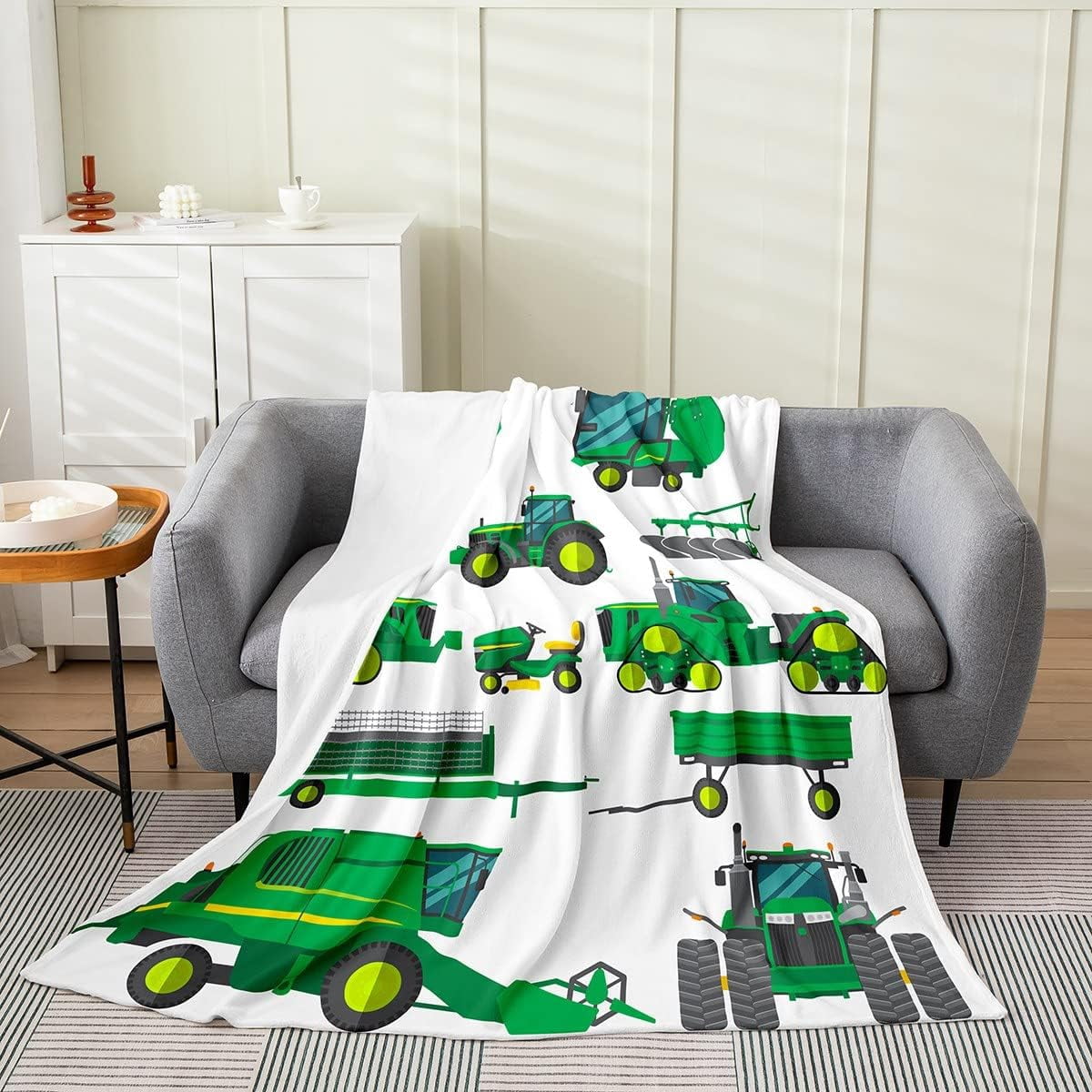 Tractor Blanket Throw 50x60,Green White Equipment Trucks Throw Blanket ...