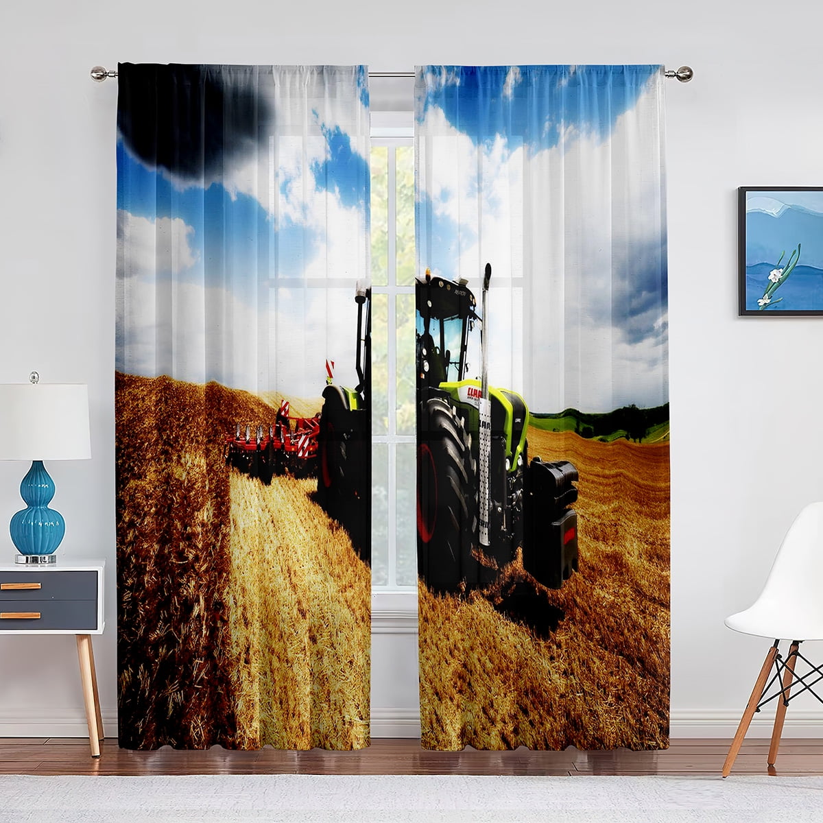 Tractor Harvests Crops Farm Theme Tulle Curtains for Living Room ...