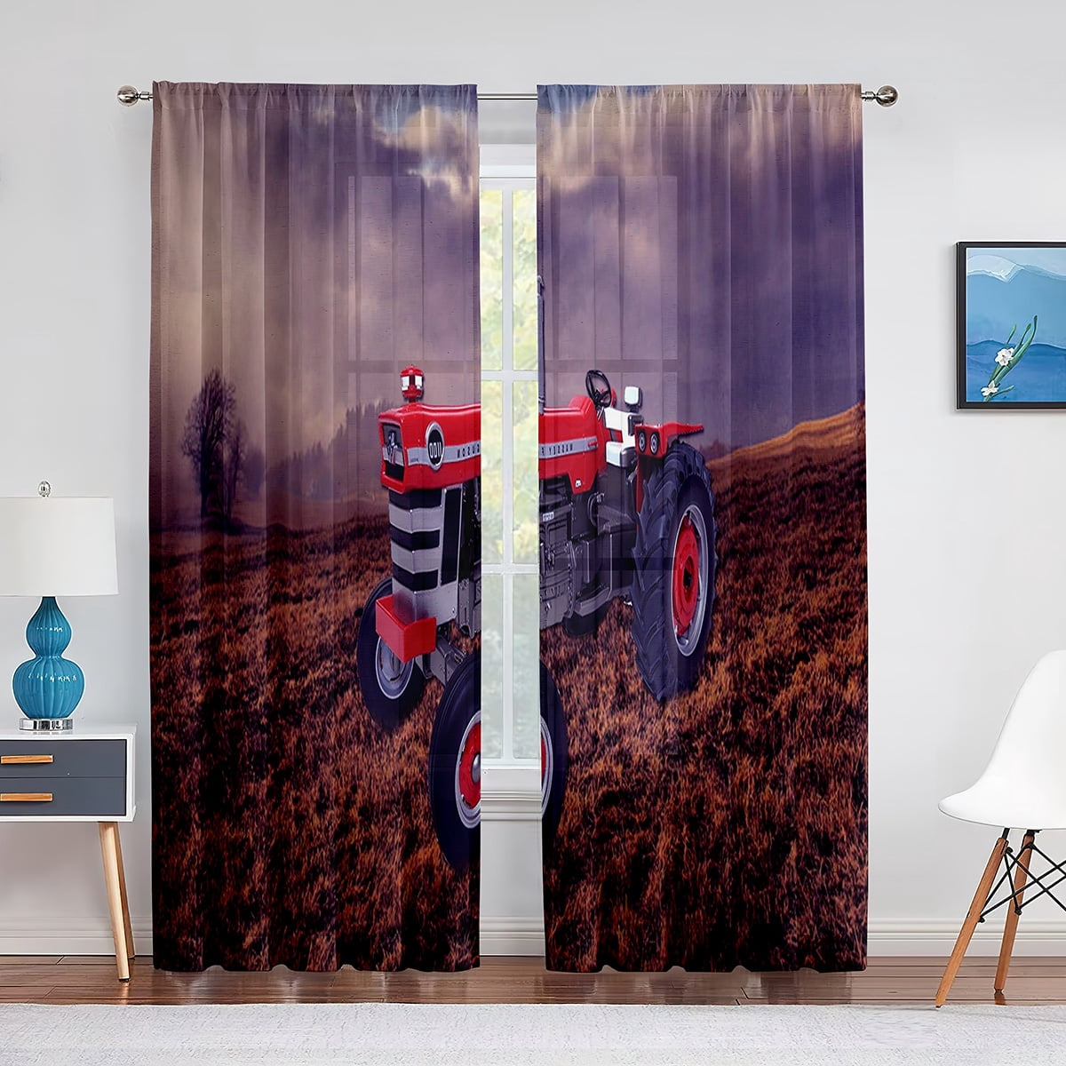 Tractor Harvests Crops Farm Theme Tulle Curtains for Living Room ...