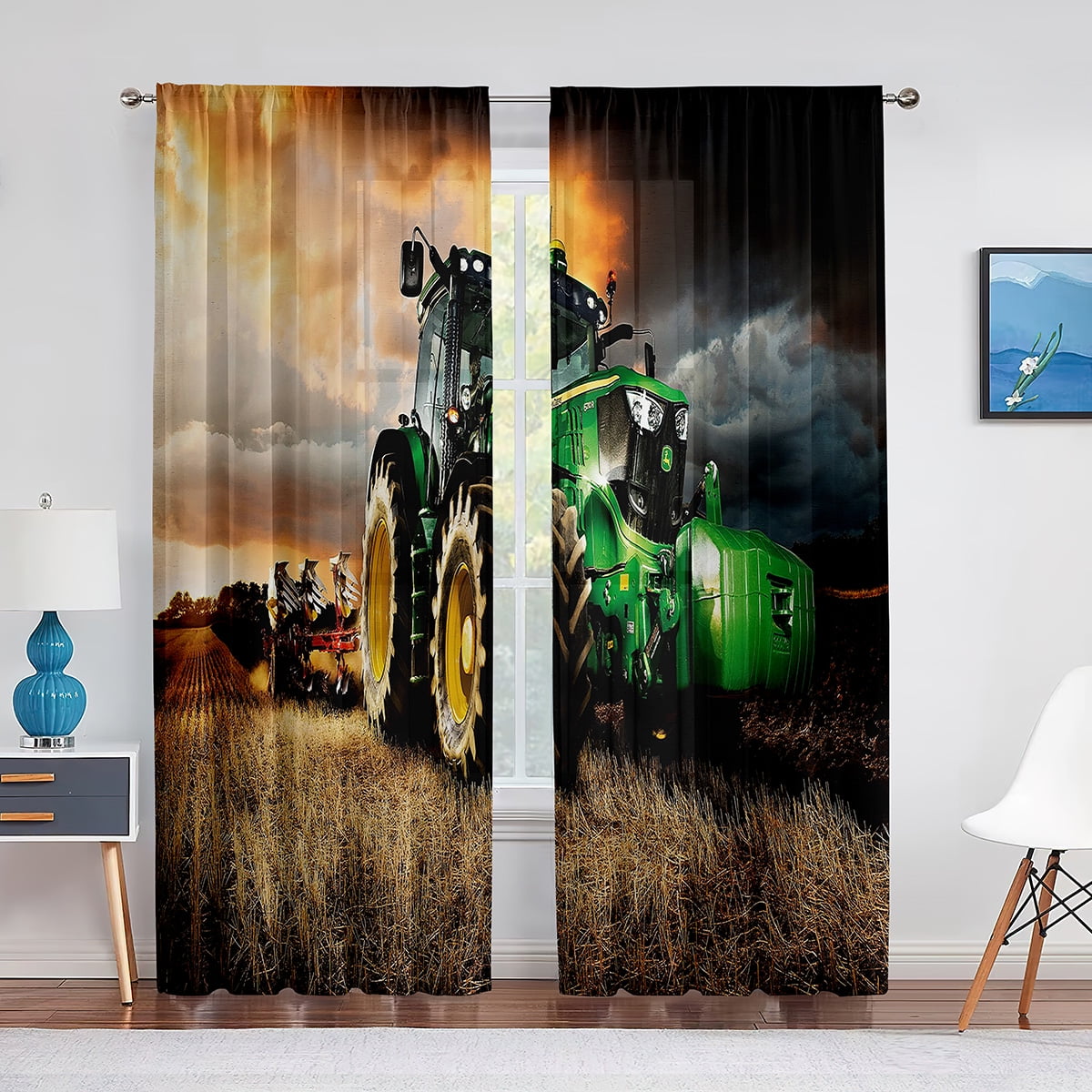 Tractor Harvests Crops Farm Theme Tulle Curtains for Living Room ...