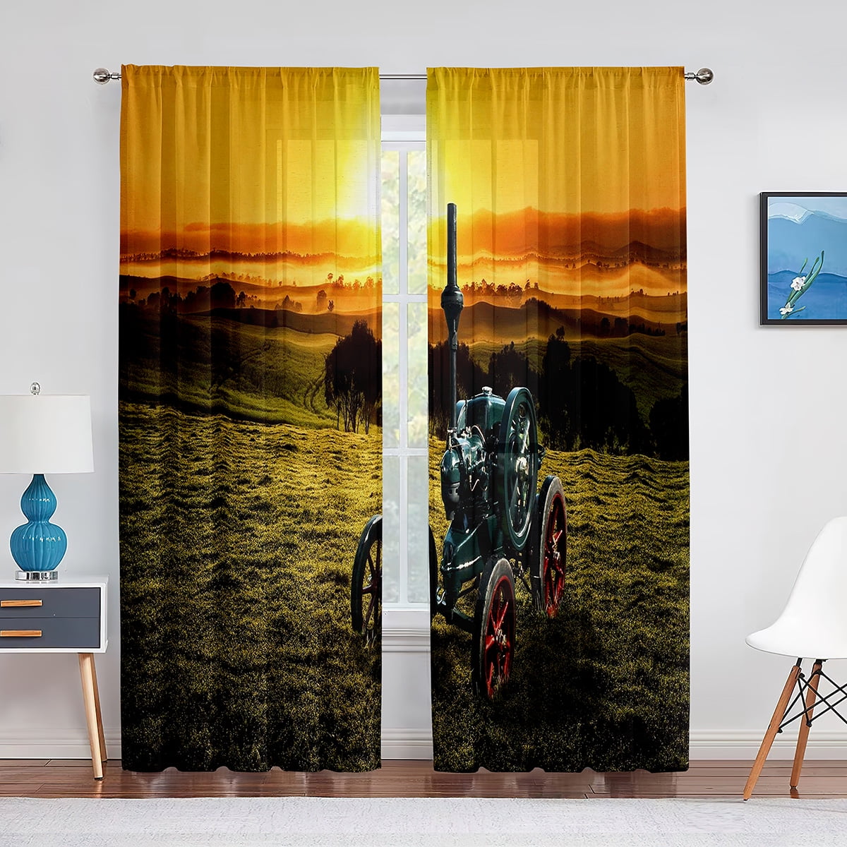 Tractor Harvests Crops Farm Theme Tulle Curtains for Living Room ...