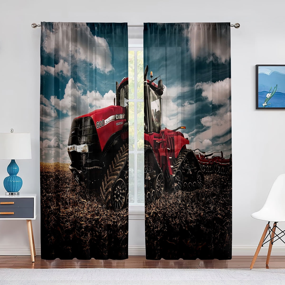 Tractor Harvests Crops Farm Theme Tulle Curtains for Living Room ...