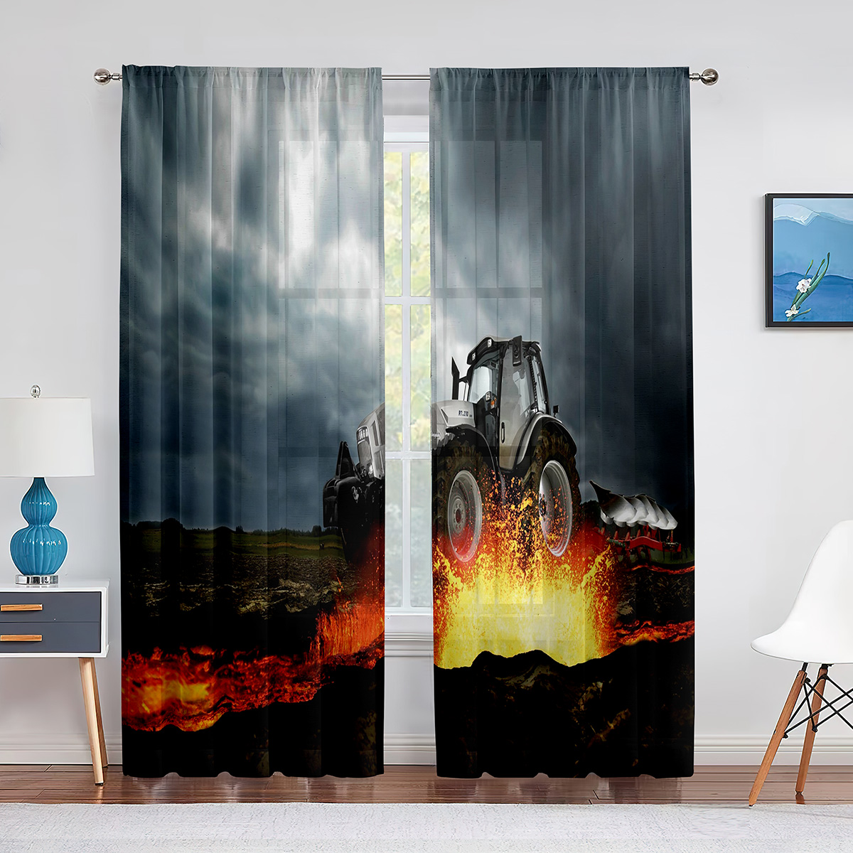 Tractor Harvests Crops Farm Theme Tulle Curtains for Living Room ...