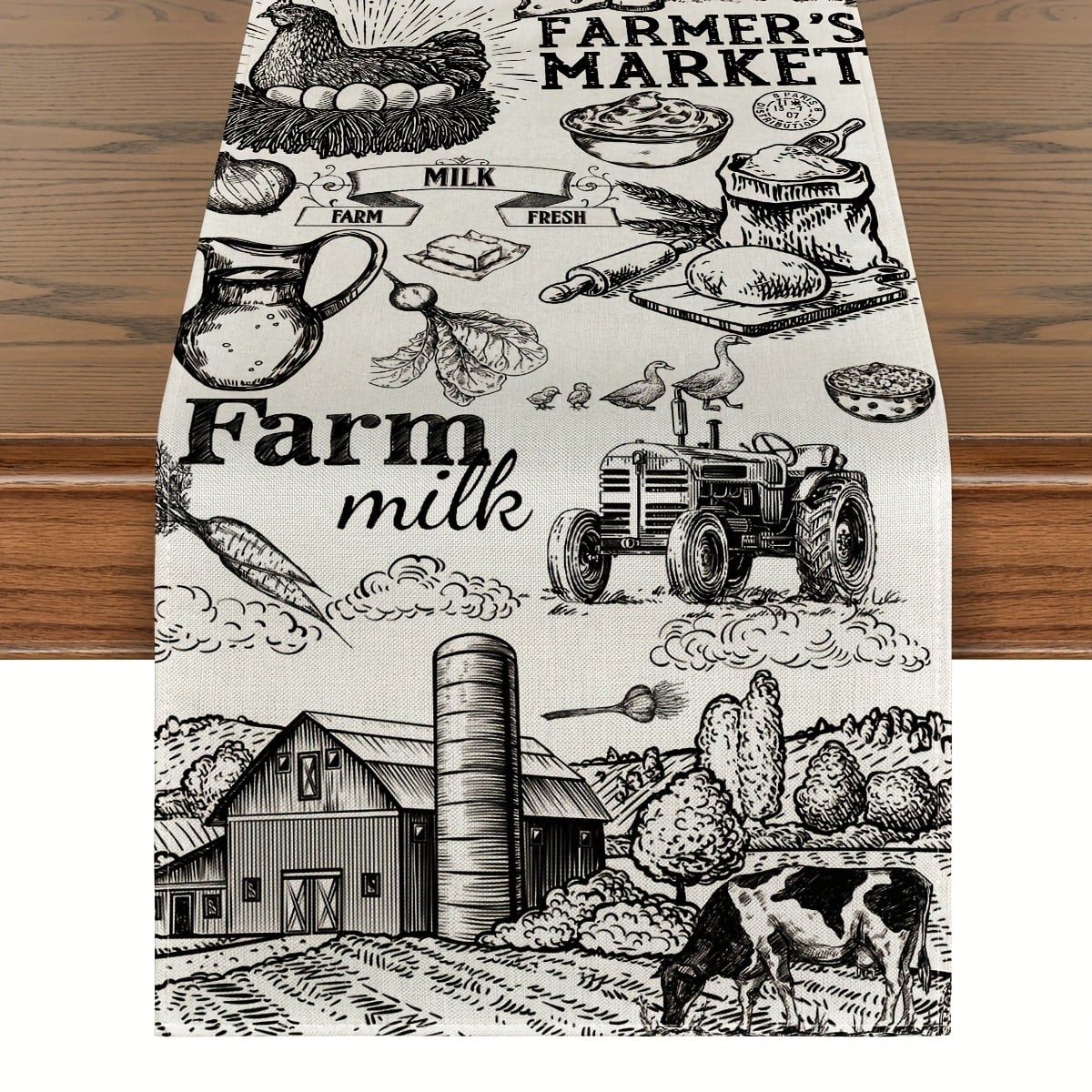 Tractor Milk Farm Linen Table Runner Fall Themed Cow House r Kitchen ...