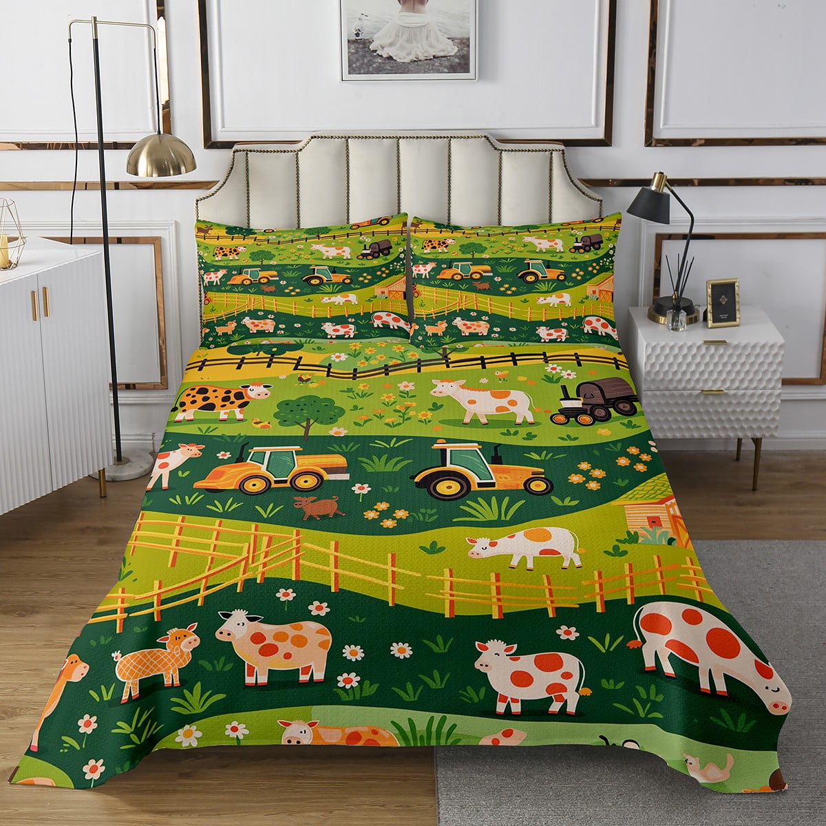 Tractor Quilt Set King Size Cartoon Car Bedspread Rustic Farmhouse Cow ...