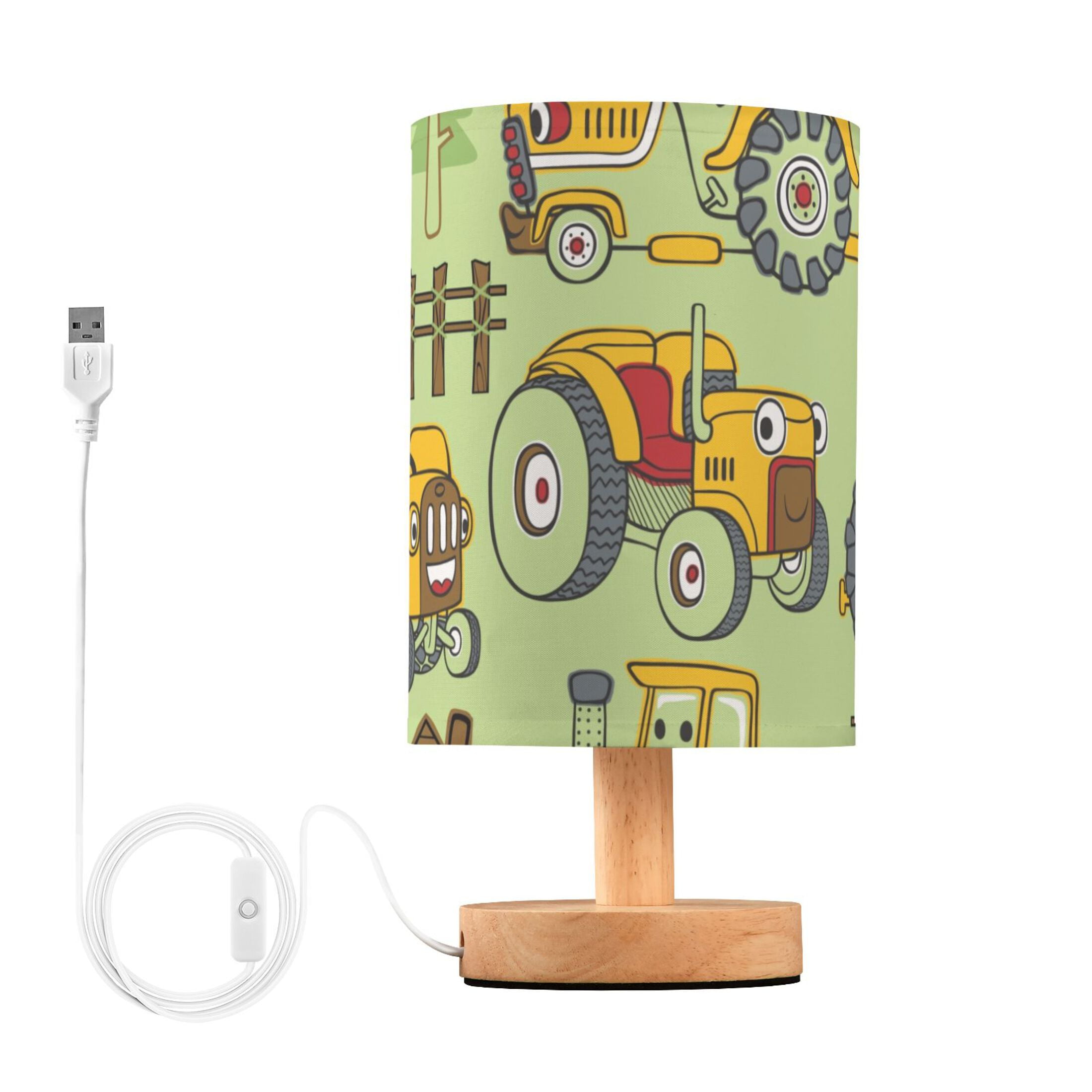 Tractors Cartoon with Green Bedside Table Lamp LED Warm Lights with USB ...