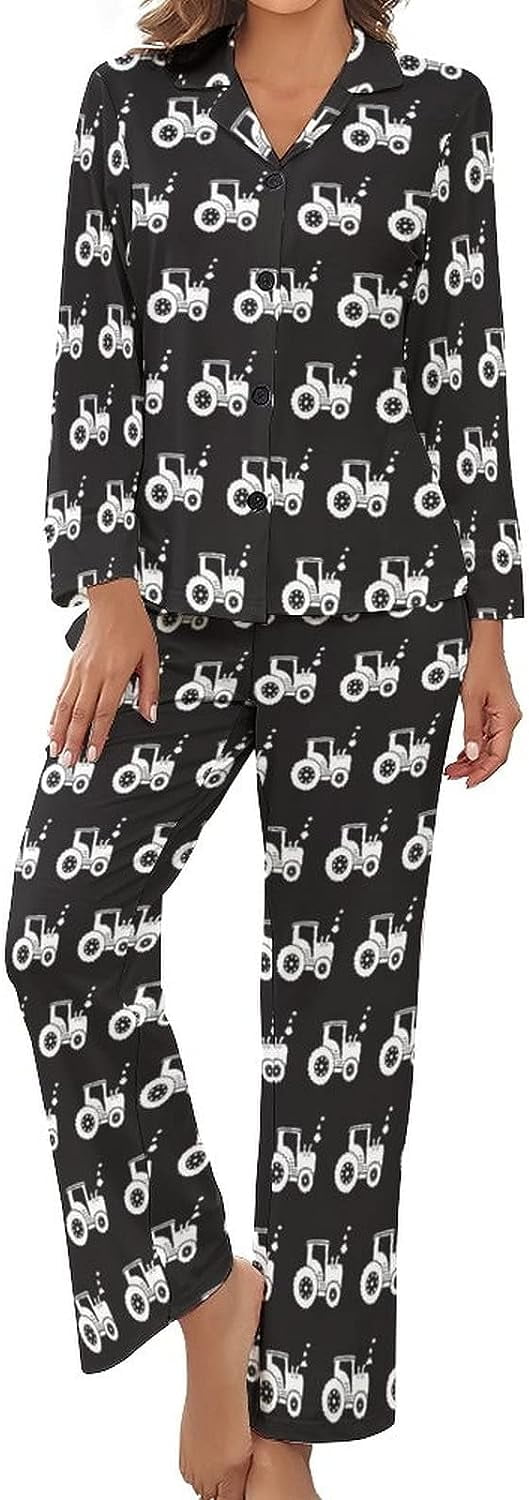 Tractors White On Black Womens Pajamas Set Button Down Sleepwear Pj