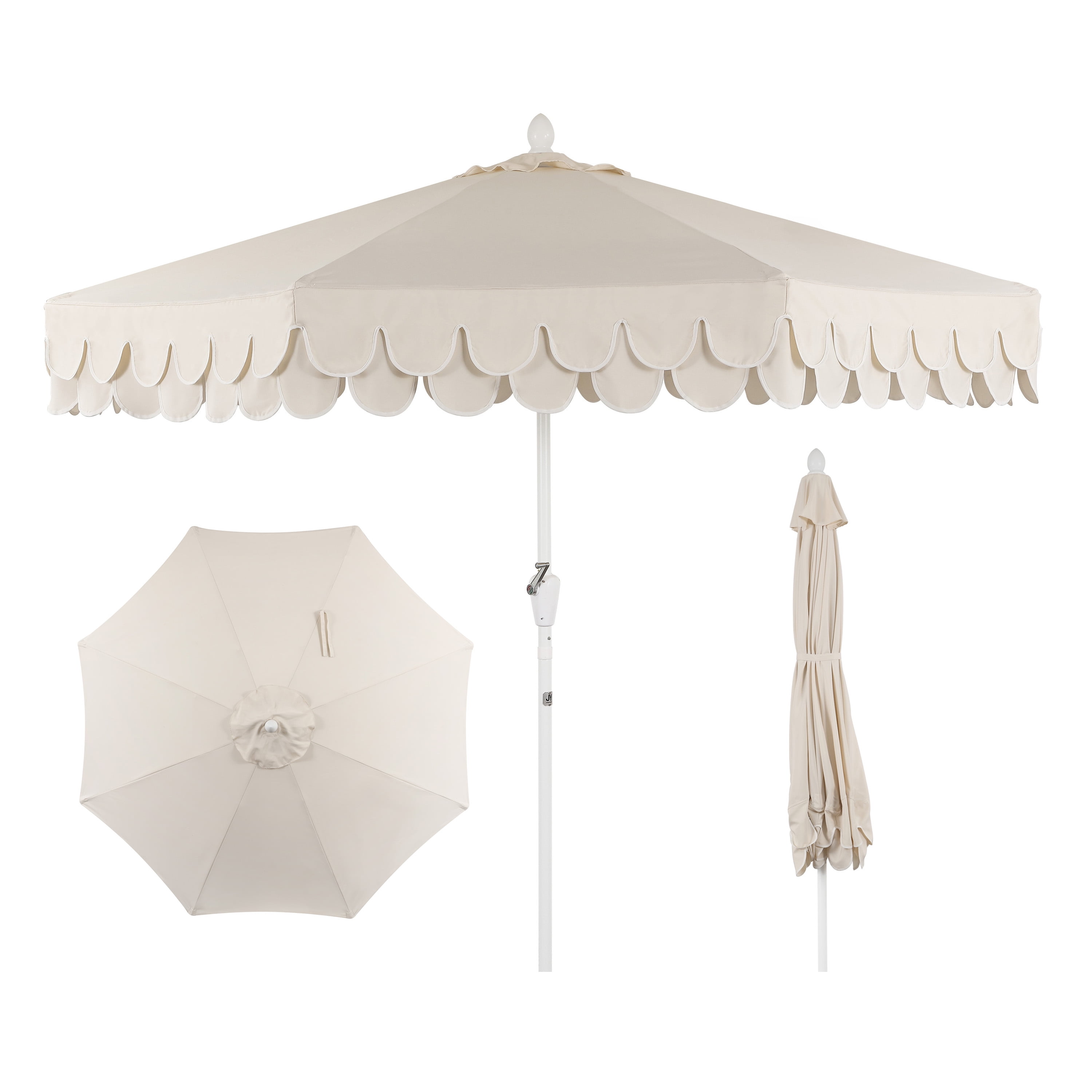 JONATHAN Y Tracy 9 ft. Market Patio Umbrella, Classic Mid-Century Scalloped Fringe, with Auto ...