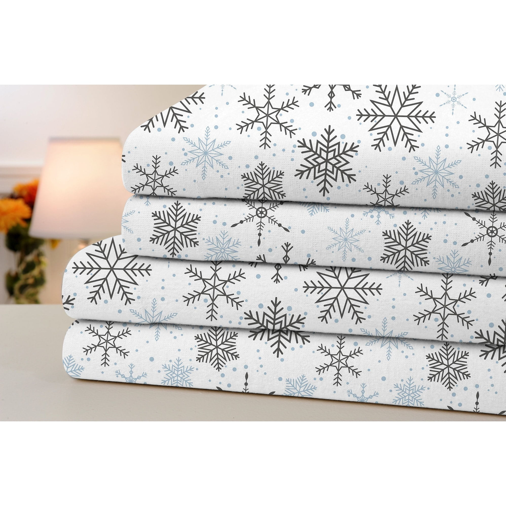 Trade Linker International Bibb Home Printed Flannel 4 Piece Sheet Set Grey Snowflakes - King ...