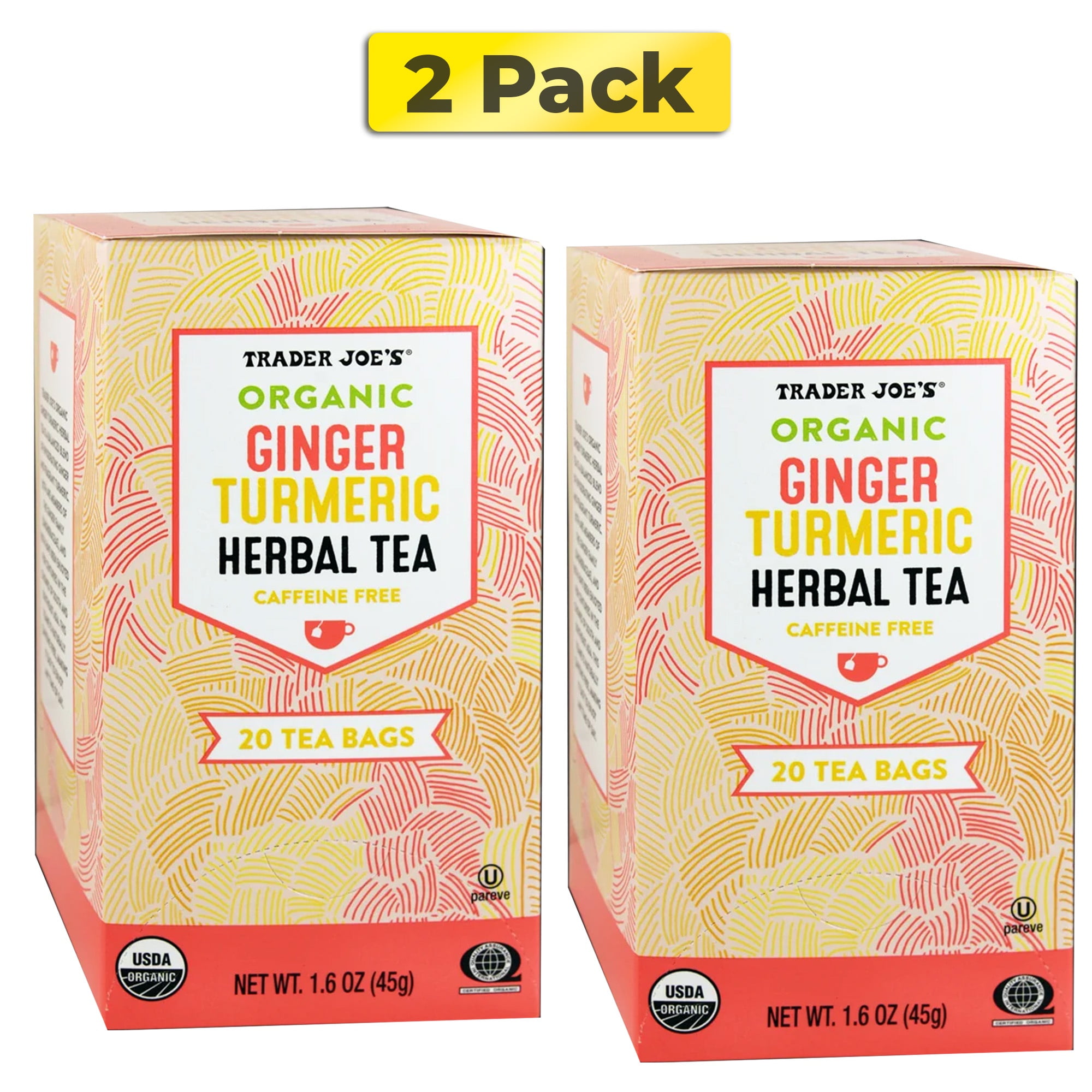 Trader Joe's Organic Ginger Turmeric Herbal Tea 20 Tea Bags, 1.6 oz, 2 ...