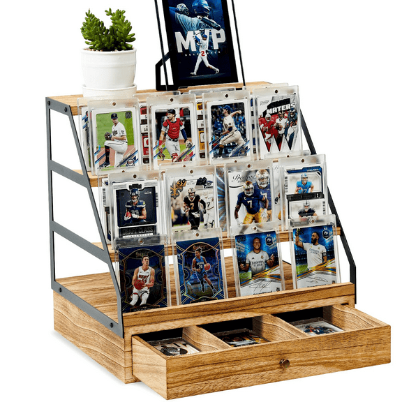 Card Display Stand, 5-Tier Trading Card Display, Wooden Graded Baseball ...