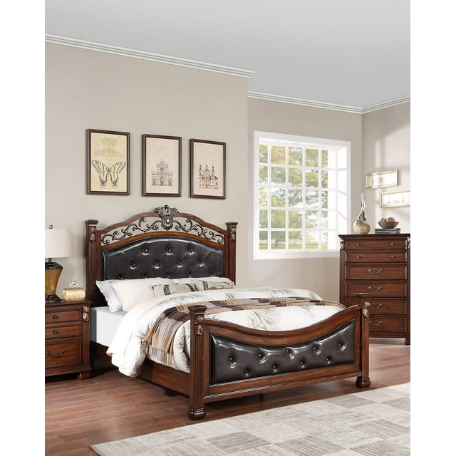 Traditional 1pc Bed Classic Brown Finish Queen Size Bed Posts Tufted ...