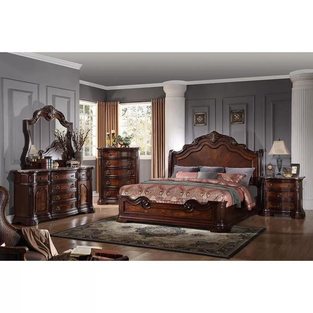 Traditional 5 Pc Queen Size Bedroom Set, Solid Wood Bed Frame, Marble ...