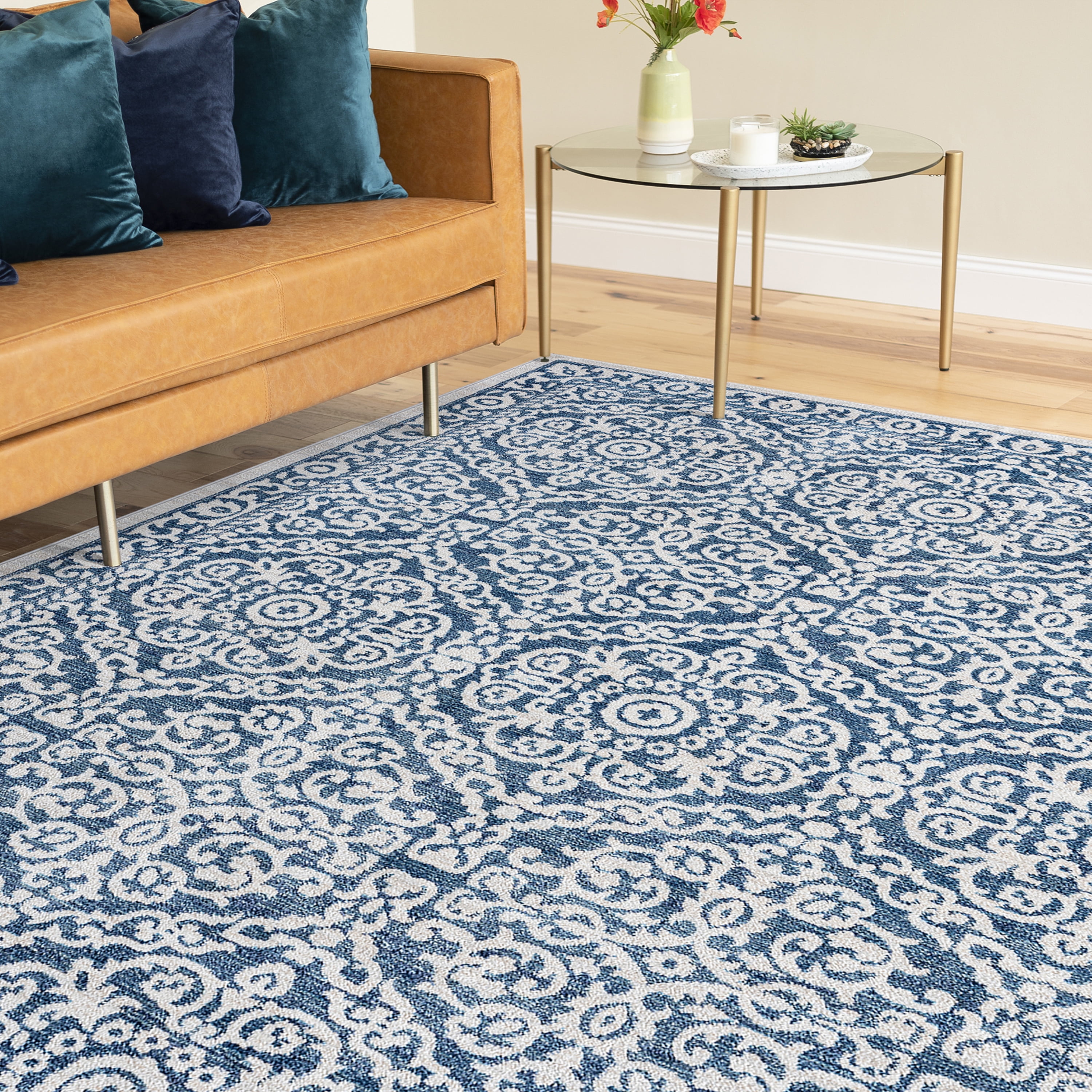 Traditional 5x8 Area Rug (5'3'' x 7'7'') Floral Blue, Cream Living Room ...