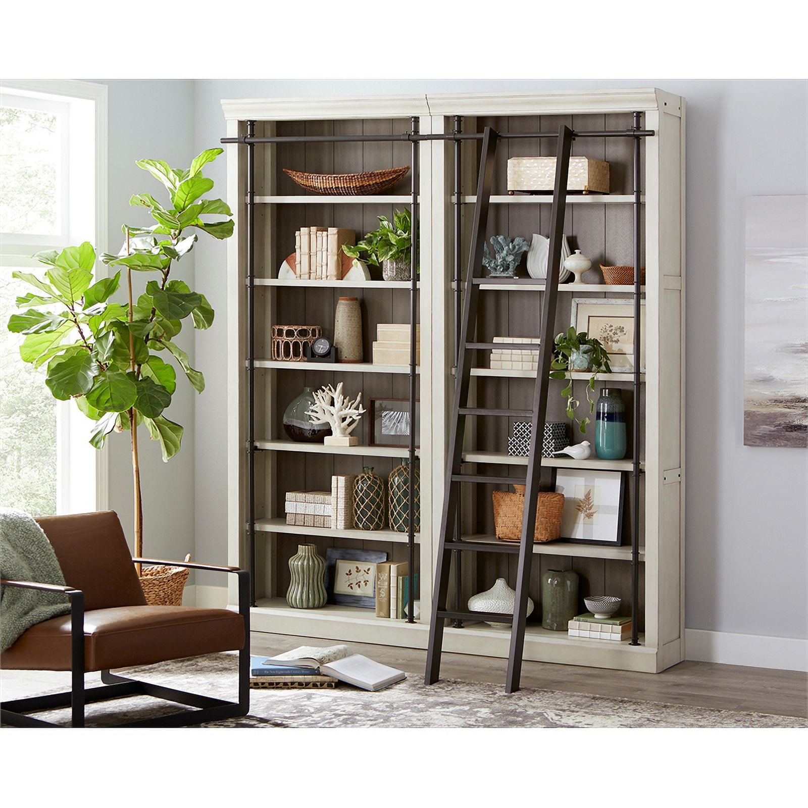 Traditional 8' Tall Wood Bookcase Wall With Ladder Aged Office ...