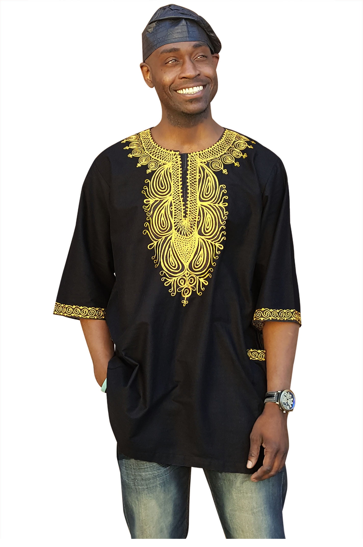 Traditional African Dashiki Shirt with Gold embroidery - Walmart.com