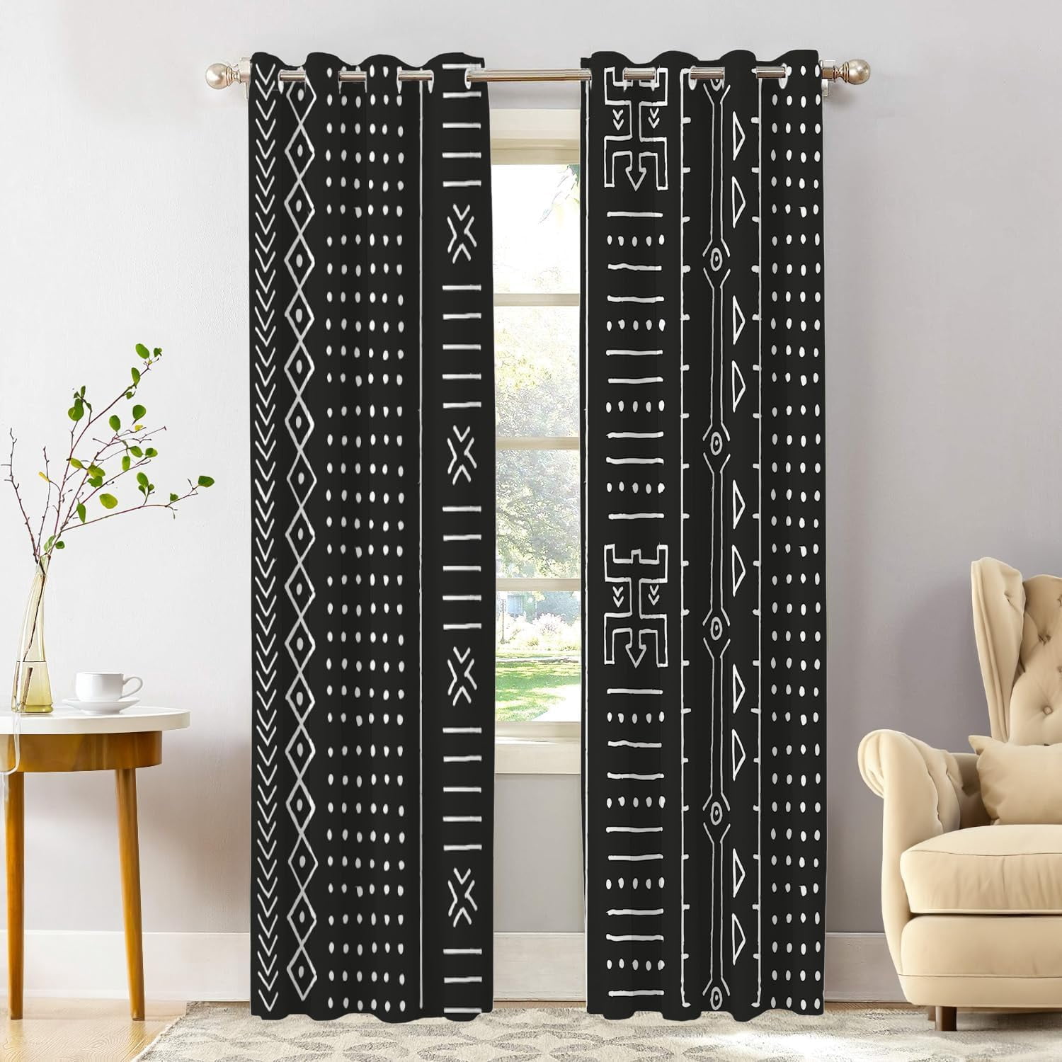 Traditional African Geometric Blackout Window Curtains, Black and White ...
