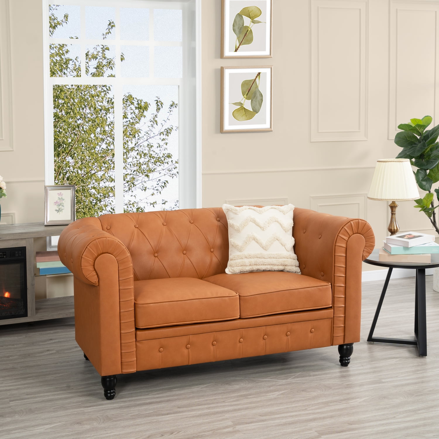 Traditional Air Leather Tufted Chesterfield Loveseat, Rolled Arm ...