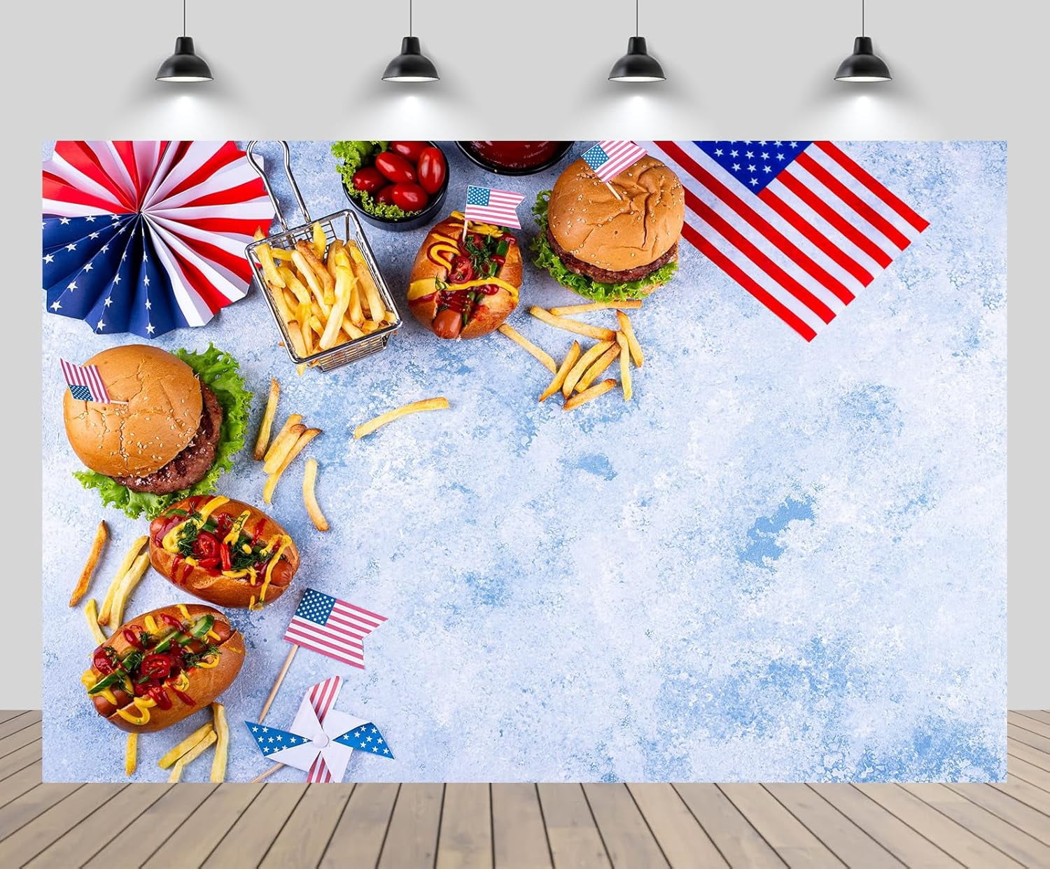 Traditional American Food Backdrop Hamburger Hot Dog French Fries ...