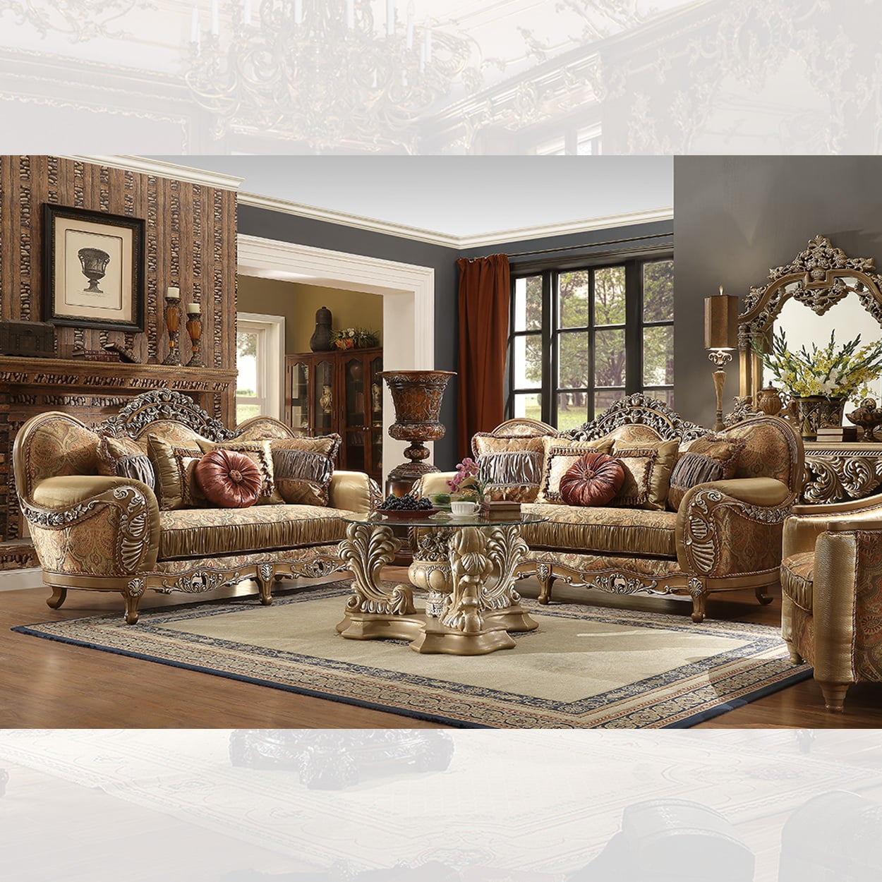 Traditional Antique Brown Chenille Carved Wood 3Pcs Sofa Set By Homey ...