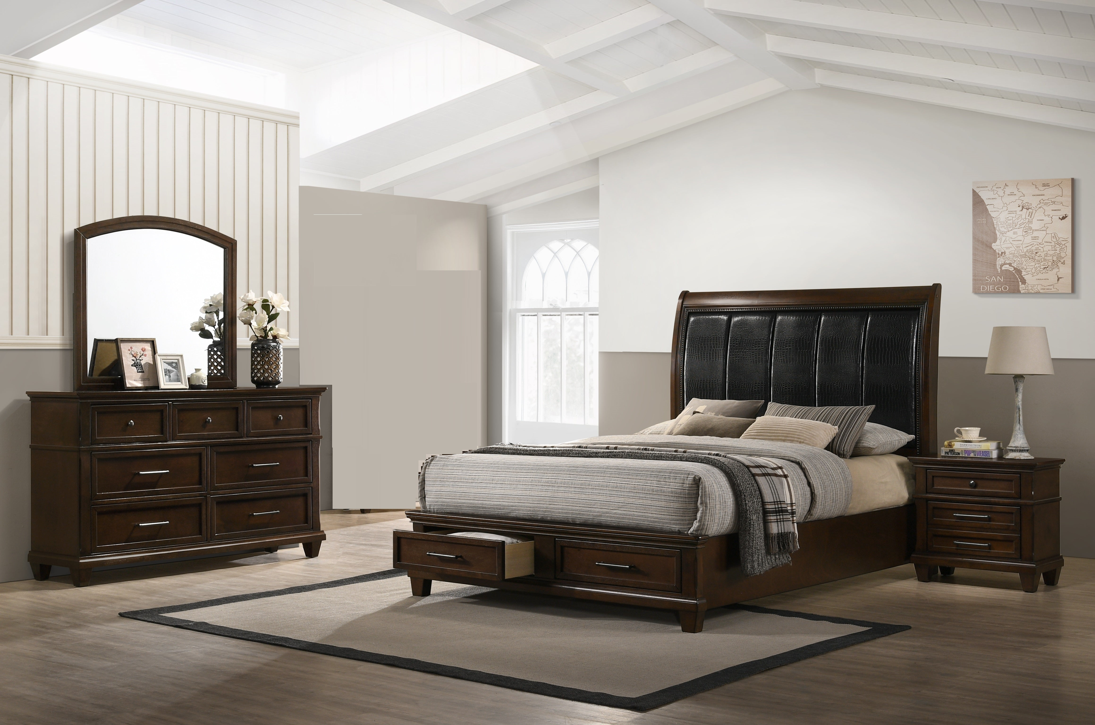 Traditional Antique Brown Upholstery PU HB King Size 4pc Storage Bed Set - Walmart.com
