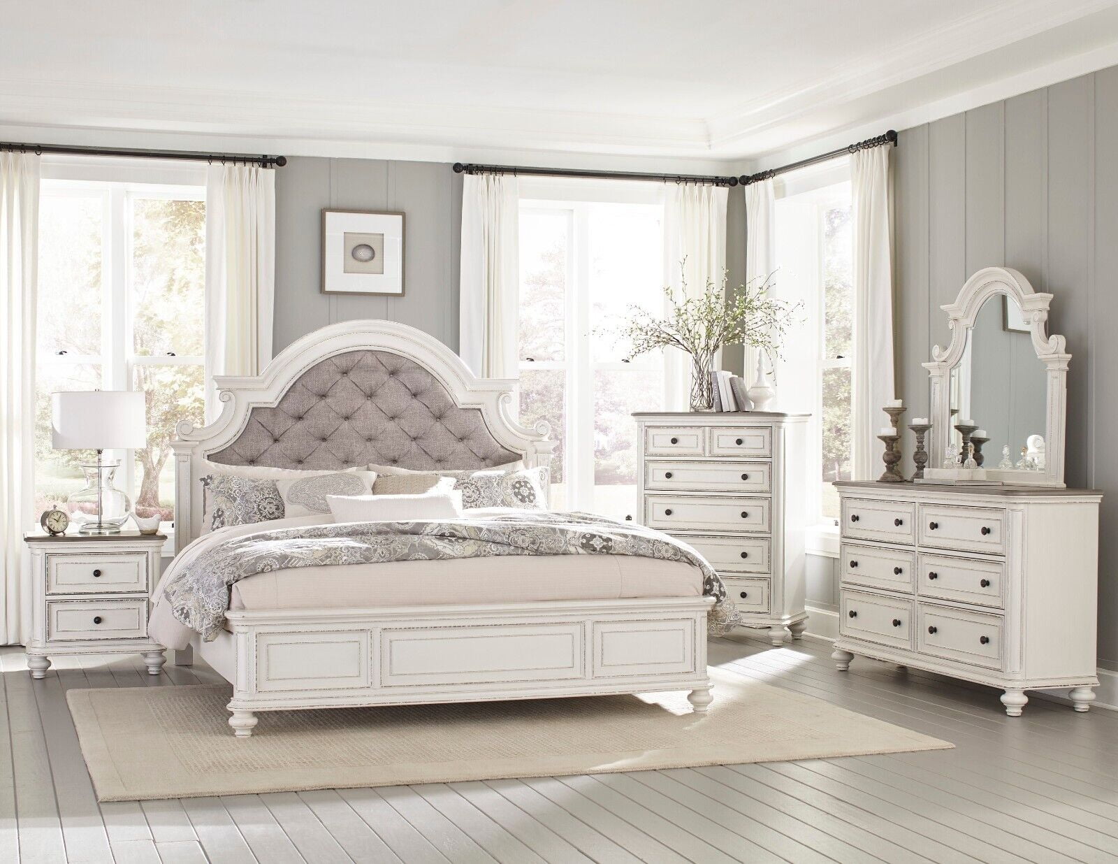 Traditional Antique White Bedroom Set 5pc Beautiful King Bed Button Tufted HB Nightstand Dresser Mirror Wooden Furniture
