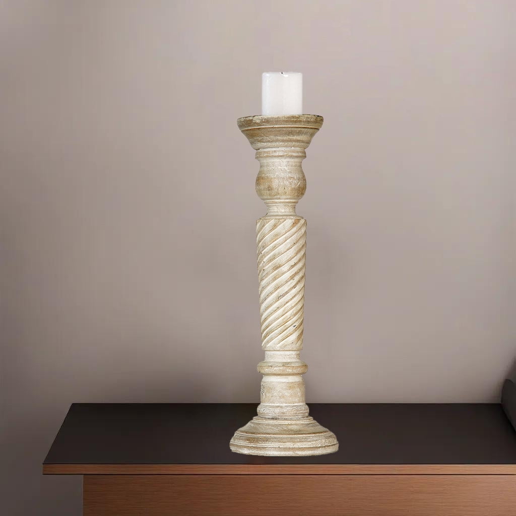 Traditional Antique White Handmade Mango Wood Set Of One 15" Pillar Candle Holder for use ...