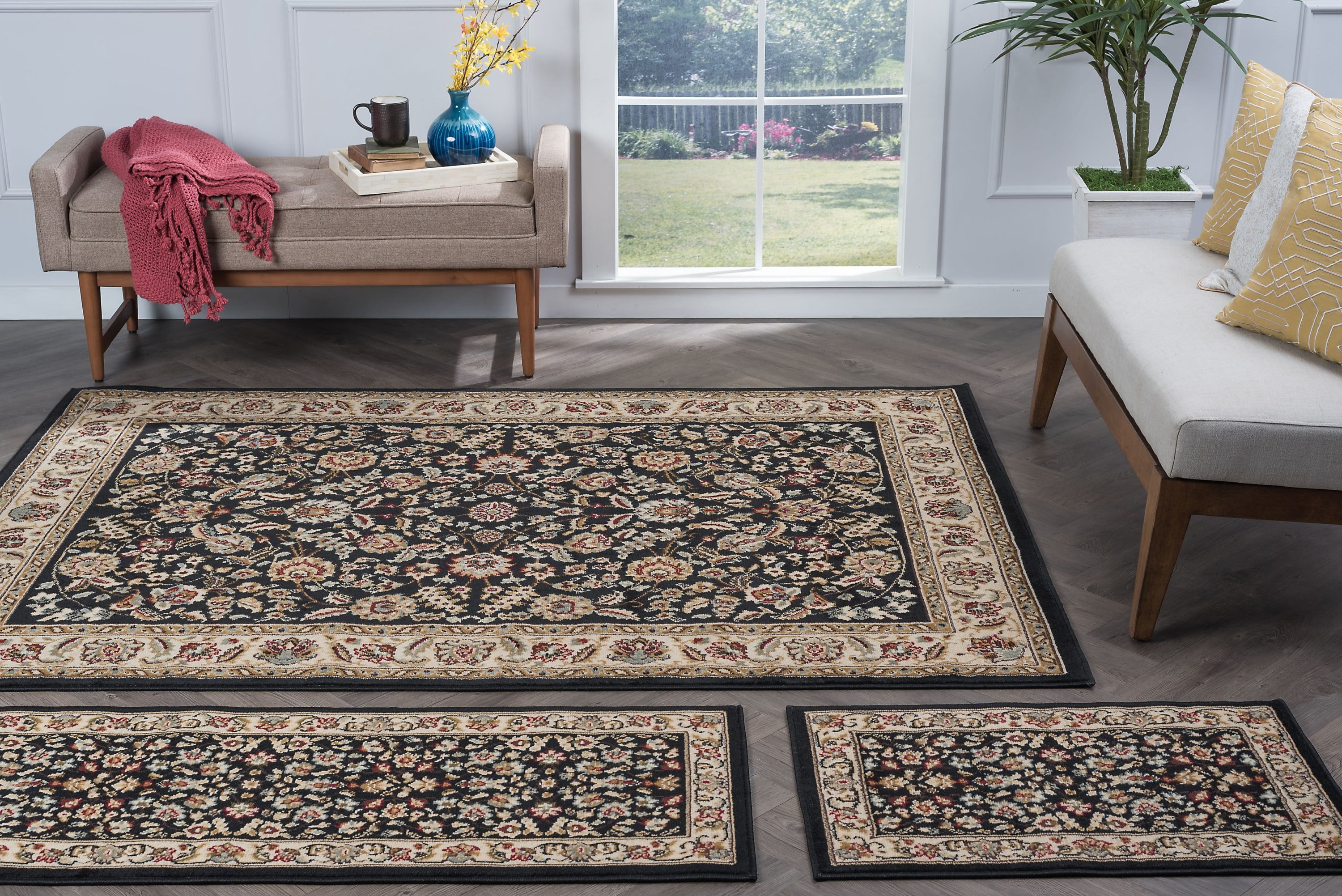 Bliss Rugs Traditional Oriental 3-Piece Area Rug Set Black Gold Indoor ...