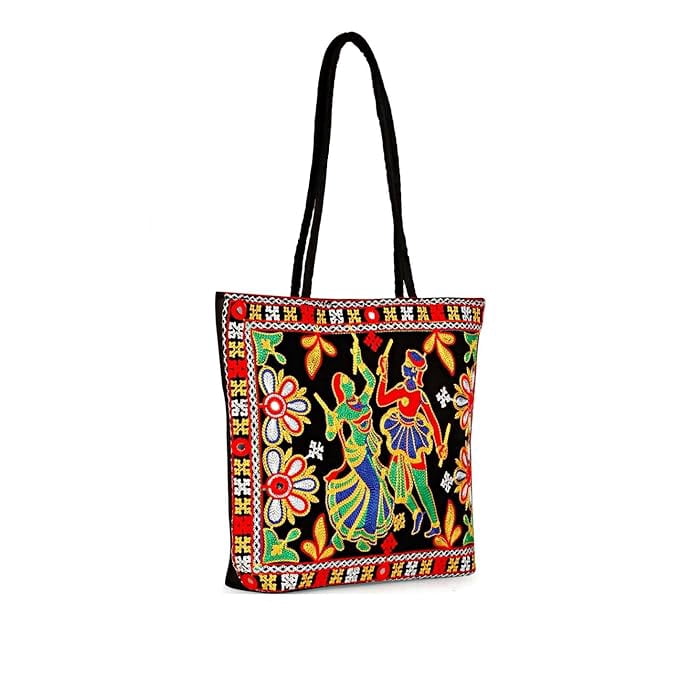 Traditional Black Floral Royal Looking Cotton Handbag for Women's ...