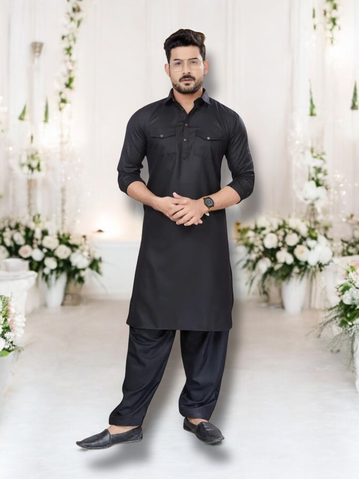 Traditional Black Pathani Cotton Kurta Pajama Outfit for Men - Walmart.com