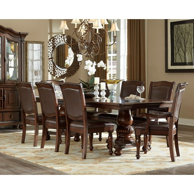 9-Piece Traditional Dining Set with Extension Leaf, Faux Leather Chairs ...
