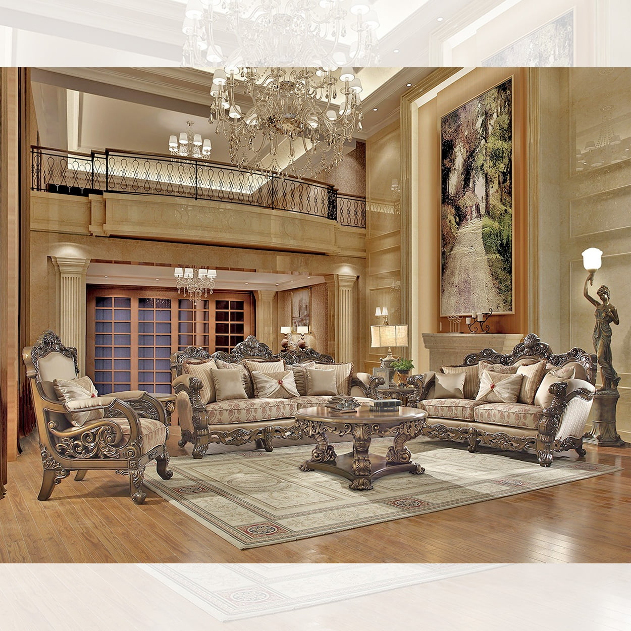 Homey Design 3 Piece Traditional Solid Wood Living Room Set Met Ant ...