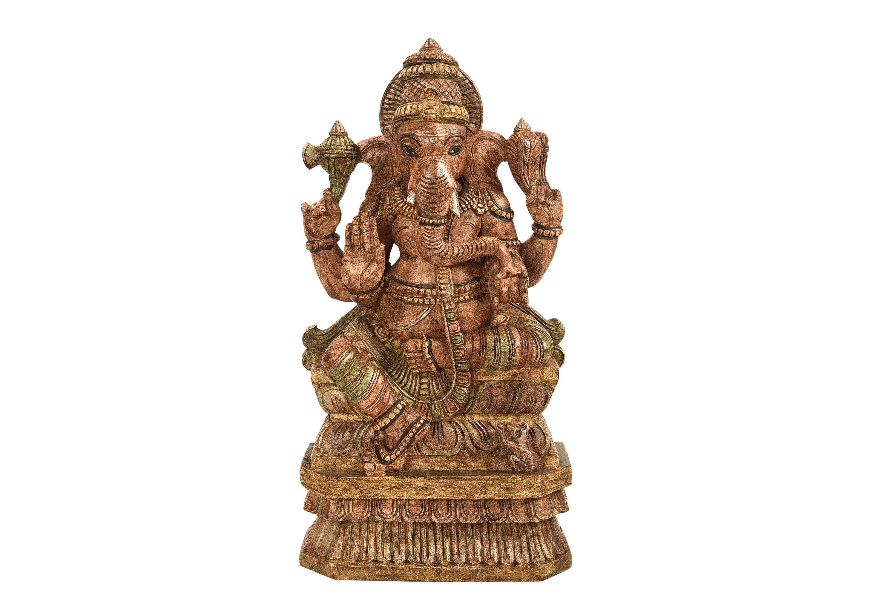 Traditional Carved 24" Tall Wooden Ganesha Statue | Solid Wood Ganapati ...