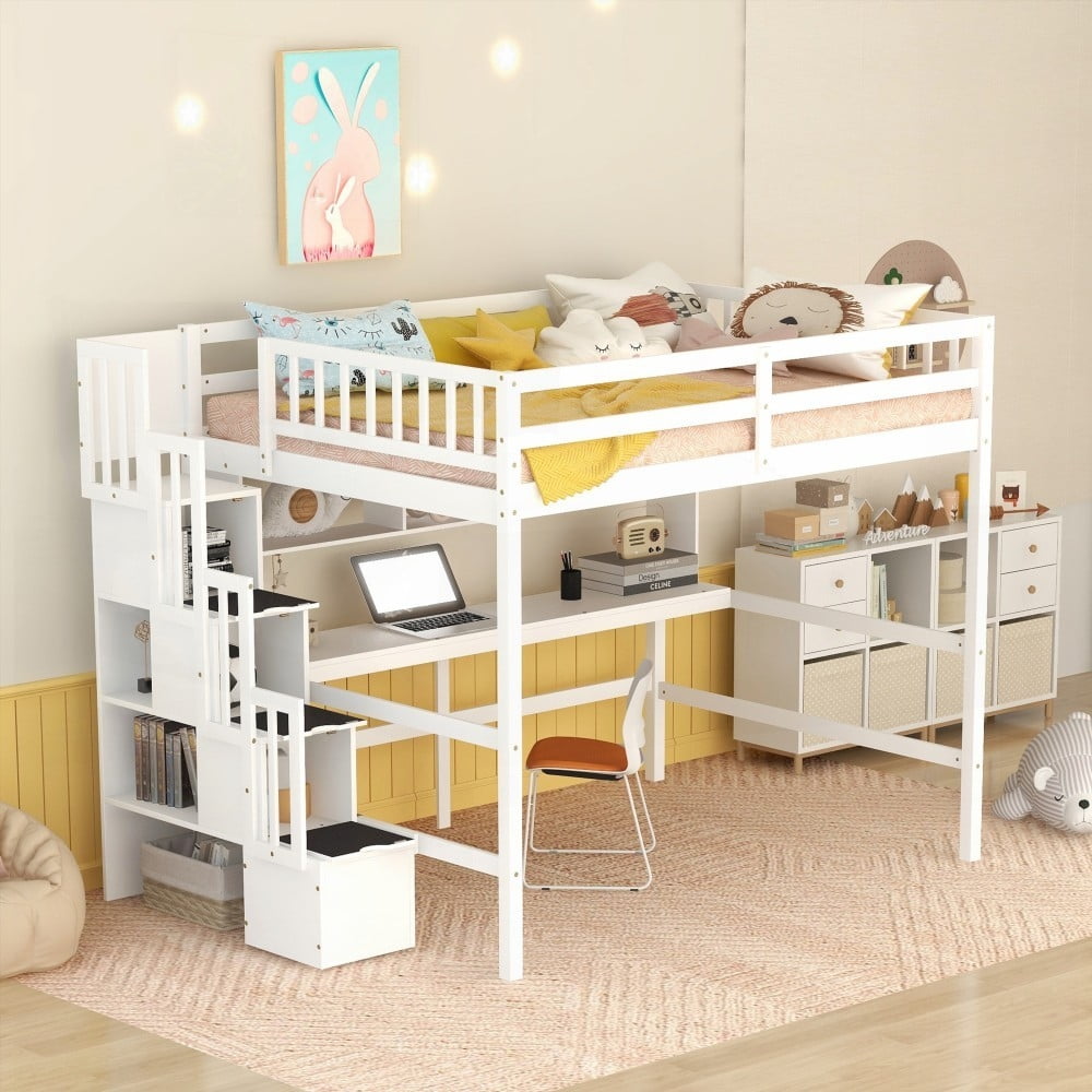 Full Size Pine Wood High-Rise Bed Frame with Built-in Desk and Storage ...