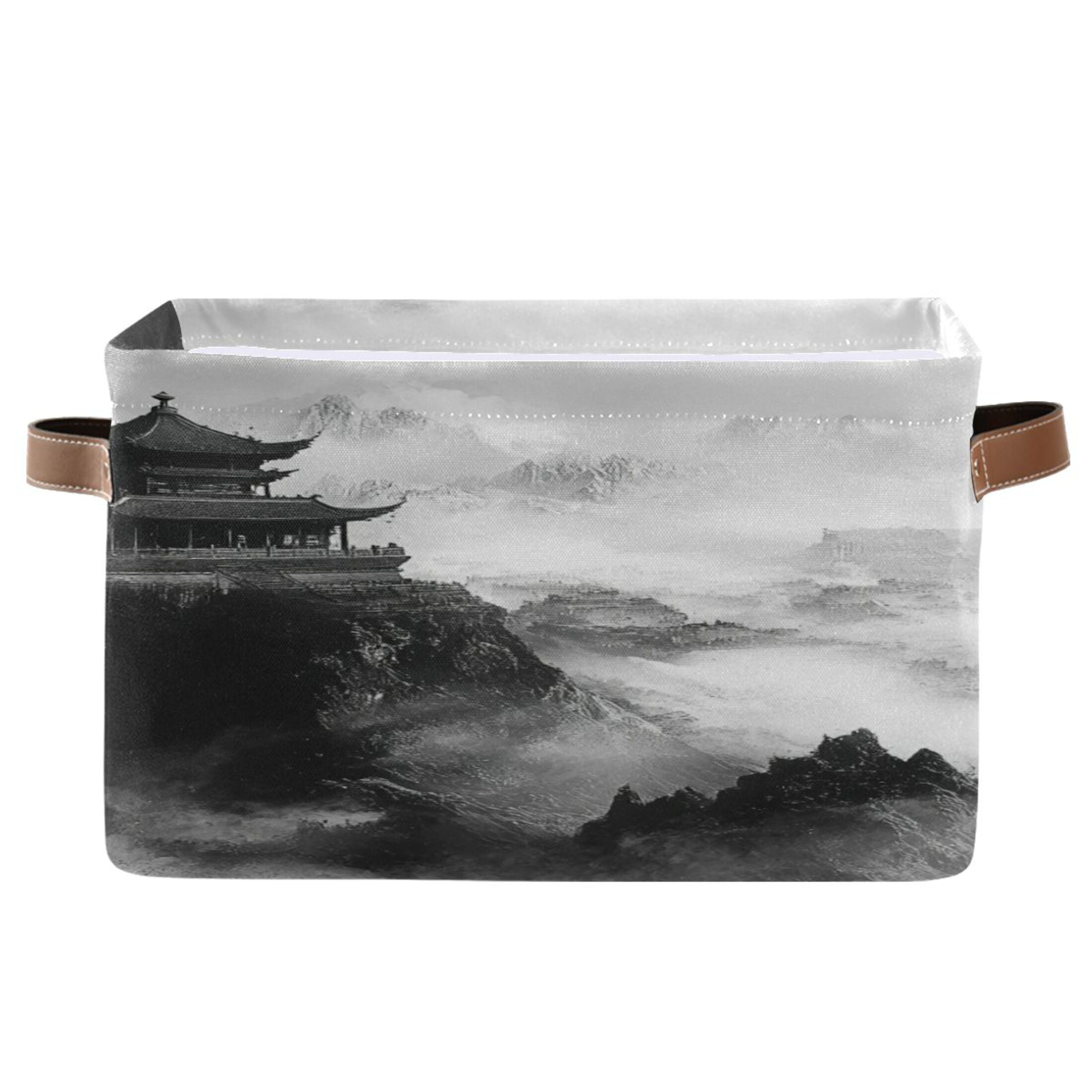 Traditional Chinese Ink Landscape Storage Bins with Handle Fabric Organizer Basket Foldable Box ...