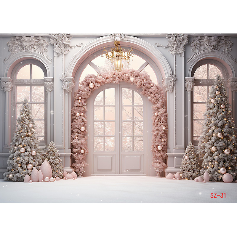 Traditional Christmas Background rations And Garland Arch Pink Balls ...