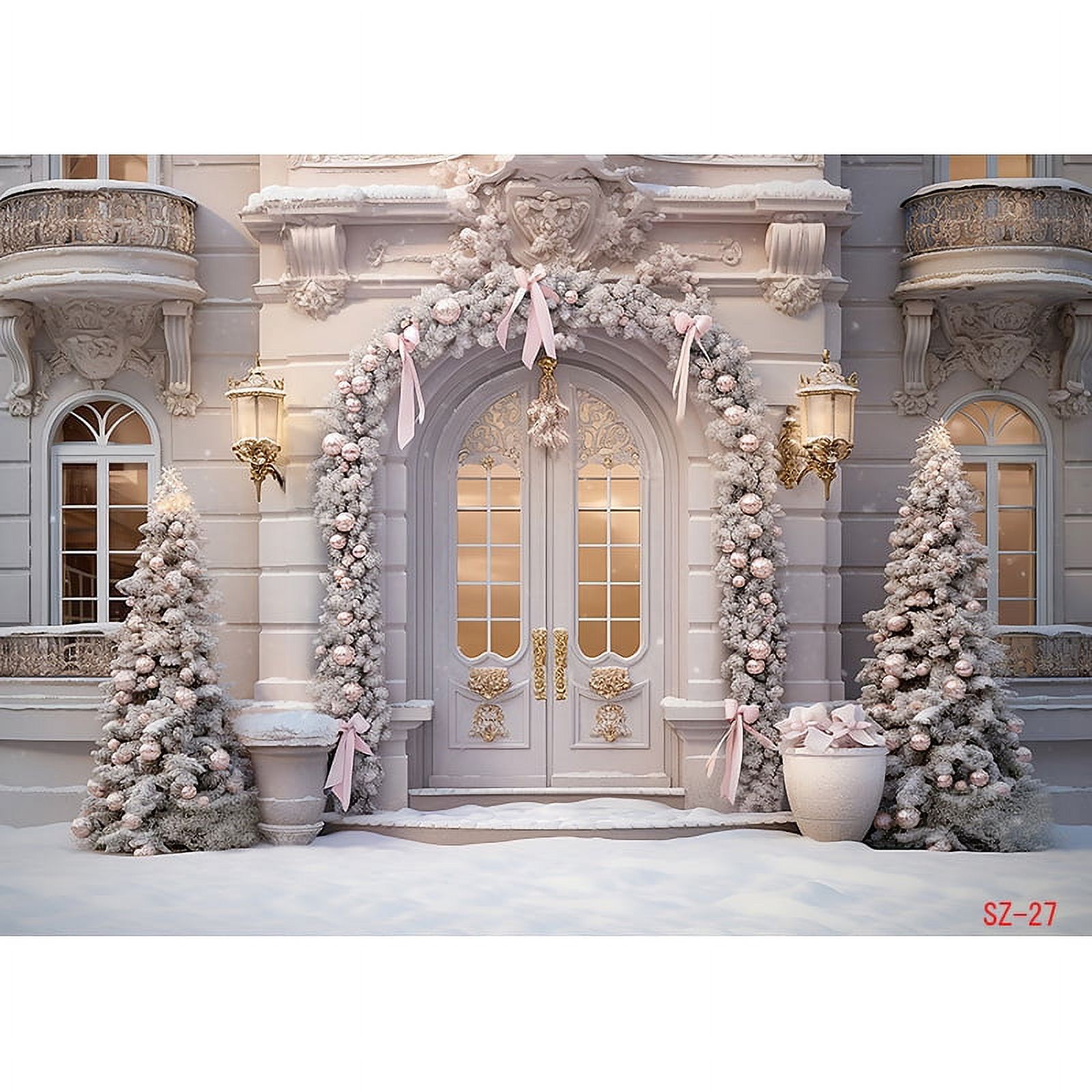 Traditional Christmas Background rations And Garland Arch Pink Balls ...