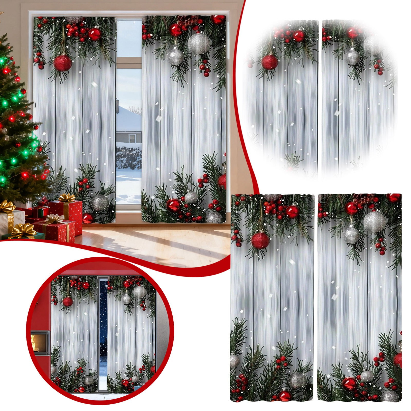 Traditional Christmas Stocking Curtains, 2 Panel Set, Red Gift Print ...