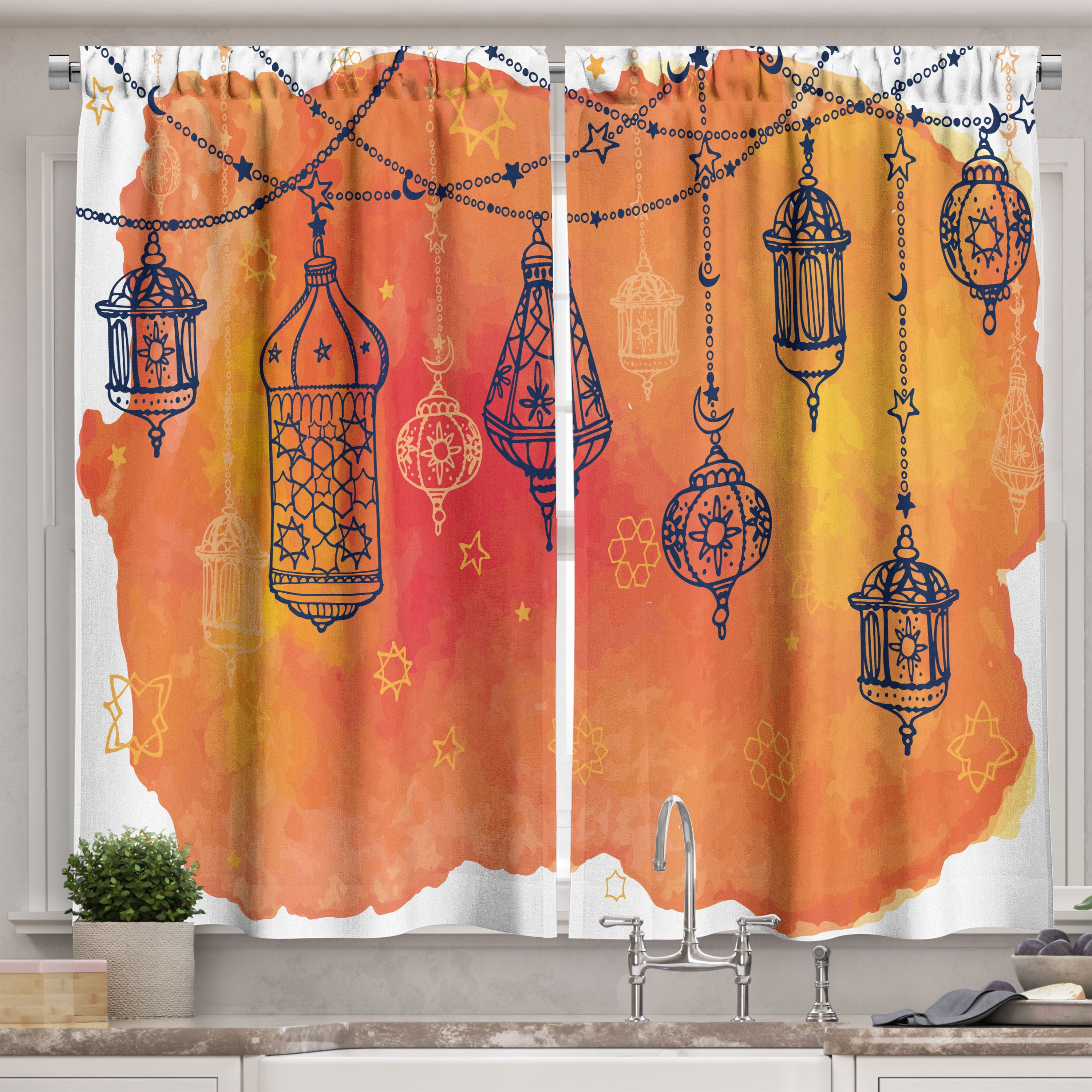 Traditional Curtains 2 Panels Set, Islamic Lanterns Garland Arabesque ...
