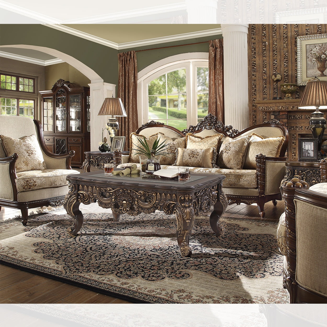 Traditional Dark Walnut & Beige 3Pcs Sofa Set Carved Wood By Homey ...